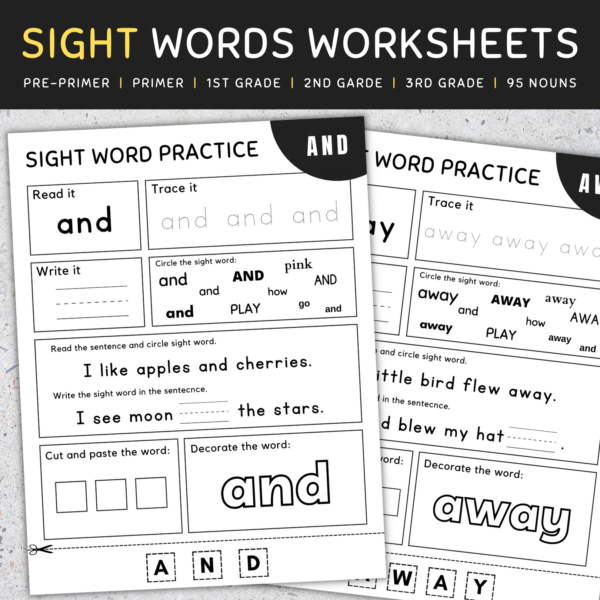 Sight Words Bundle: Pre-primer To 3rd Grade & 95 Nouns Worksheets, [SET ...