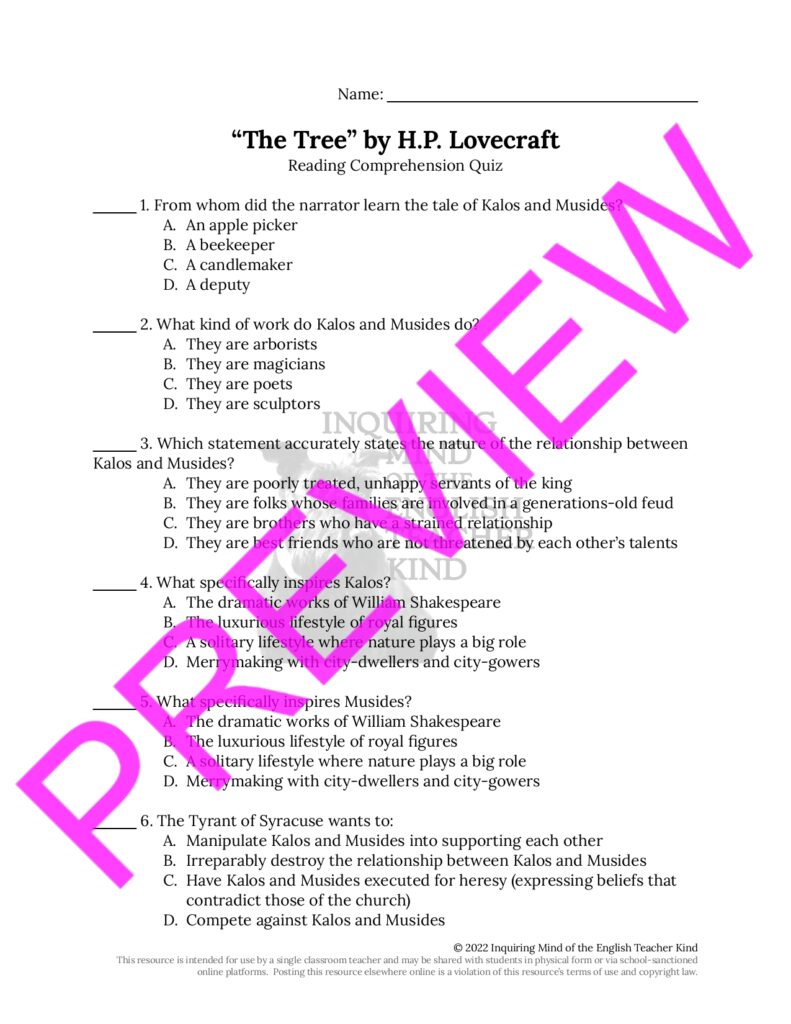 "The Tree" by H.P. Lovecraft Quiz and Close Reading Bundle - Made By ...