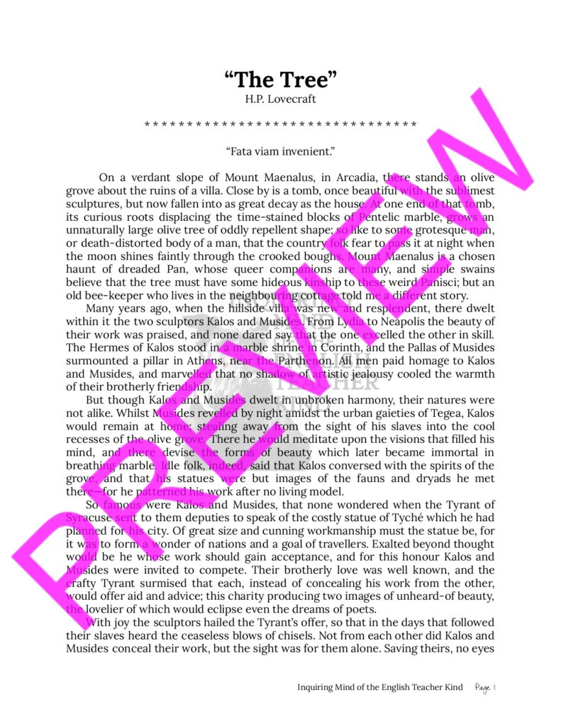 "The Tree" by H.P. Lovecraft Quiz and Close Reading Bundle | Made By ...