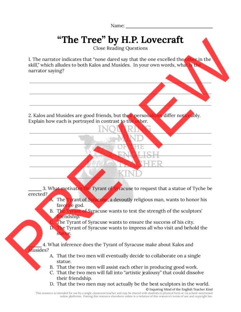 "The Tree" by H.P. Lovecraft Quiz and Close Reading Bundle | Made By ...