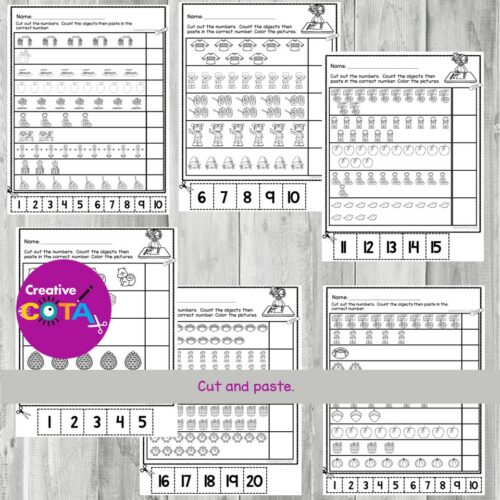 Fall No Prep Cut and Paste Math Worksheets Numbers 1-20 - Made By Teachers