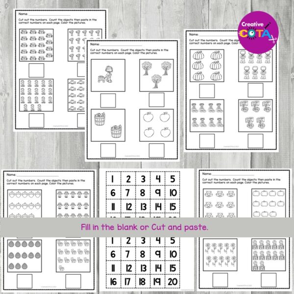 Fall No Prep Cut and Paste Kindergarten Math Worksheets Numbers 1-20 ...