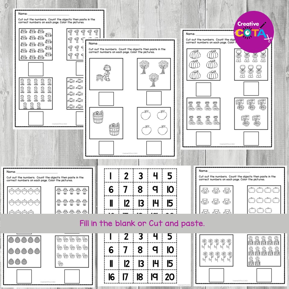 Fall No Prep Cut and Paste Math Worksheets Numbers 1-20 - Made By Teachers