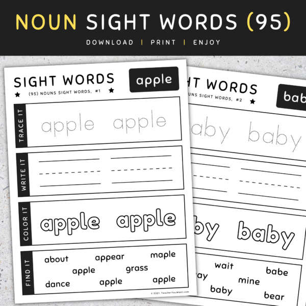 Noun Sight Words: 95 Nouns, Trace, Write, Color & Find It Worksheets ...