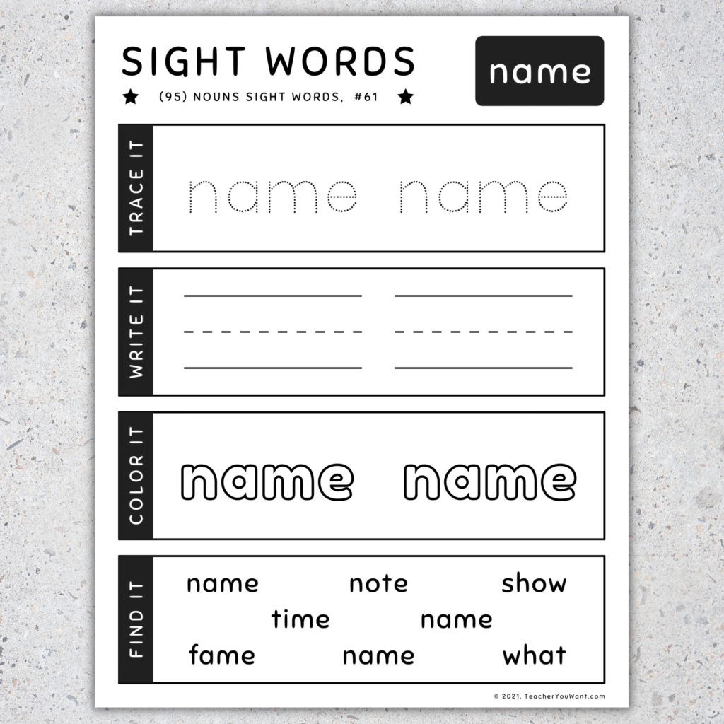 Noun Sight Words: 95 Nouns, Trace, Write, Color & Find It Worksheets ...