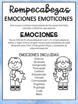 SPANISH VERSION - Emoji Emotions Feelings Puzzles - SEL - Made By Teachers