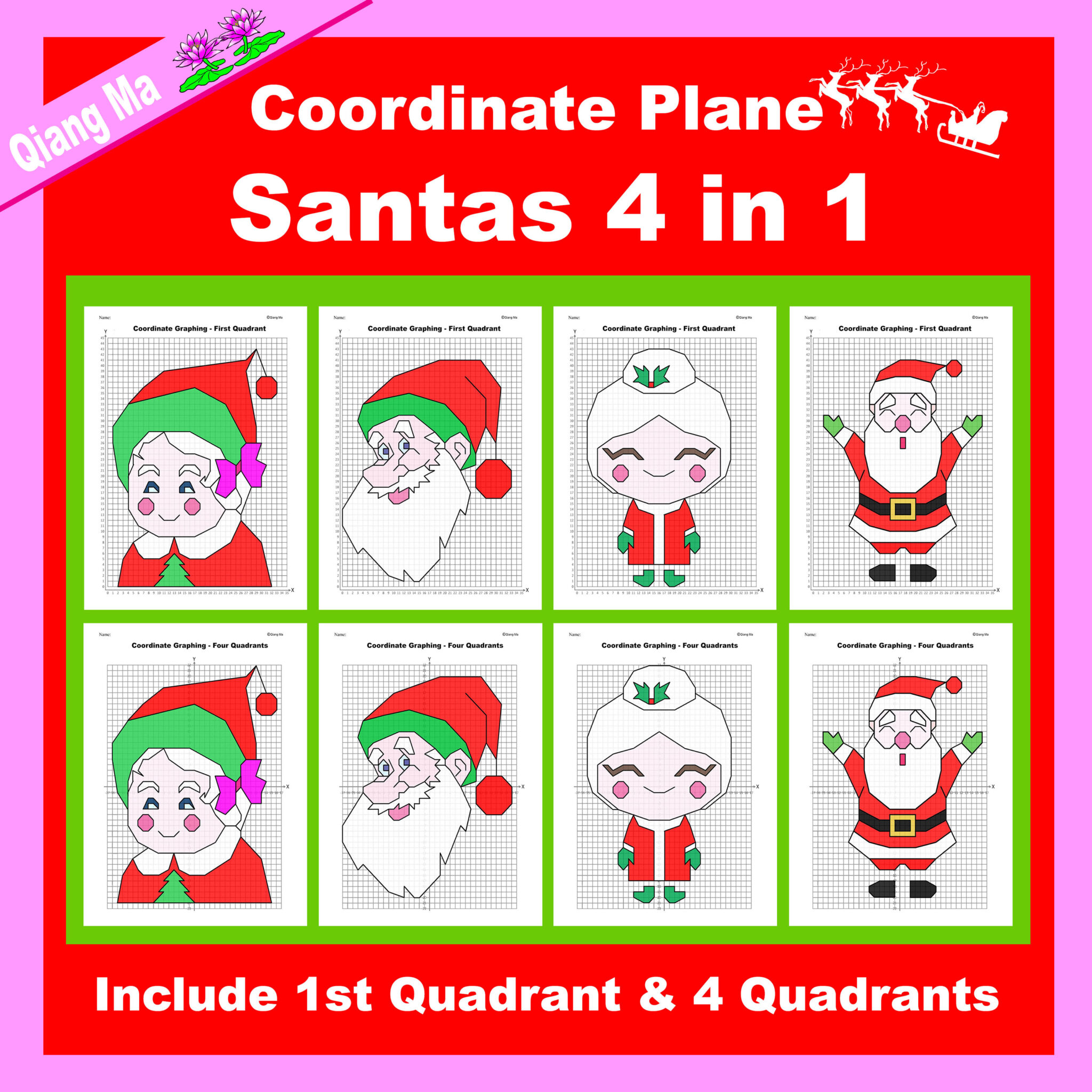 Christmas Coordinate Plane Graphing Picture: Santa Bundle 4 in 1 | Made ...