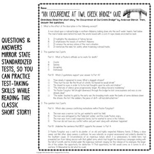 An Occurrence at Owl Creek Bridge Quiz Test Prep Reading Comprehension ...