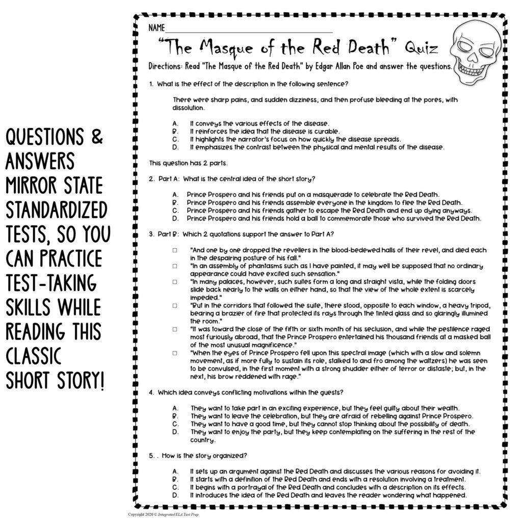 The Masque of the Red Death Quiz Poe Reading Comprehension with Answer ...