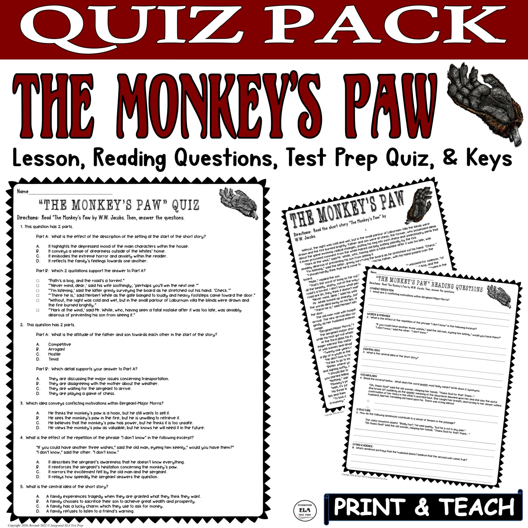 The Monkey's Paw Quiz Comprehension Questions Test Prep Pack Short ...