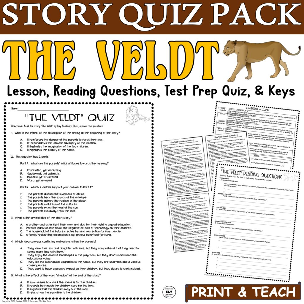 The Veldt Quiz Short Story Comprehension Questions PDF Ray Bradbury ...