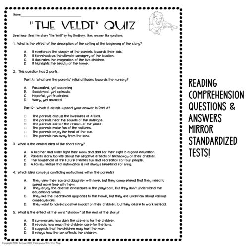 The Veldt Quiz Short Story Comprehension Questions PDF Ray Bradbury ...