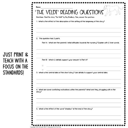 The Veldt Quiz Short Story Comprehension Questions PDF Ray Bradbury ...