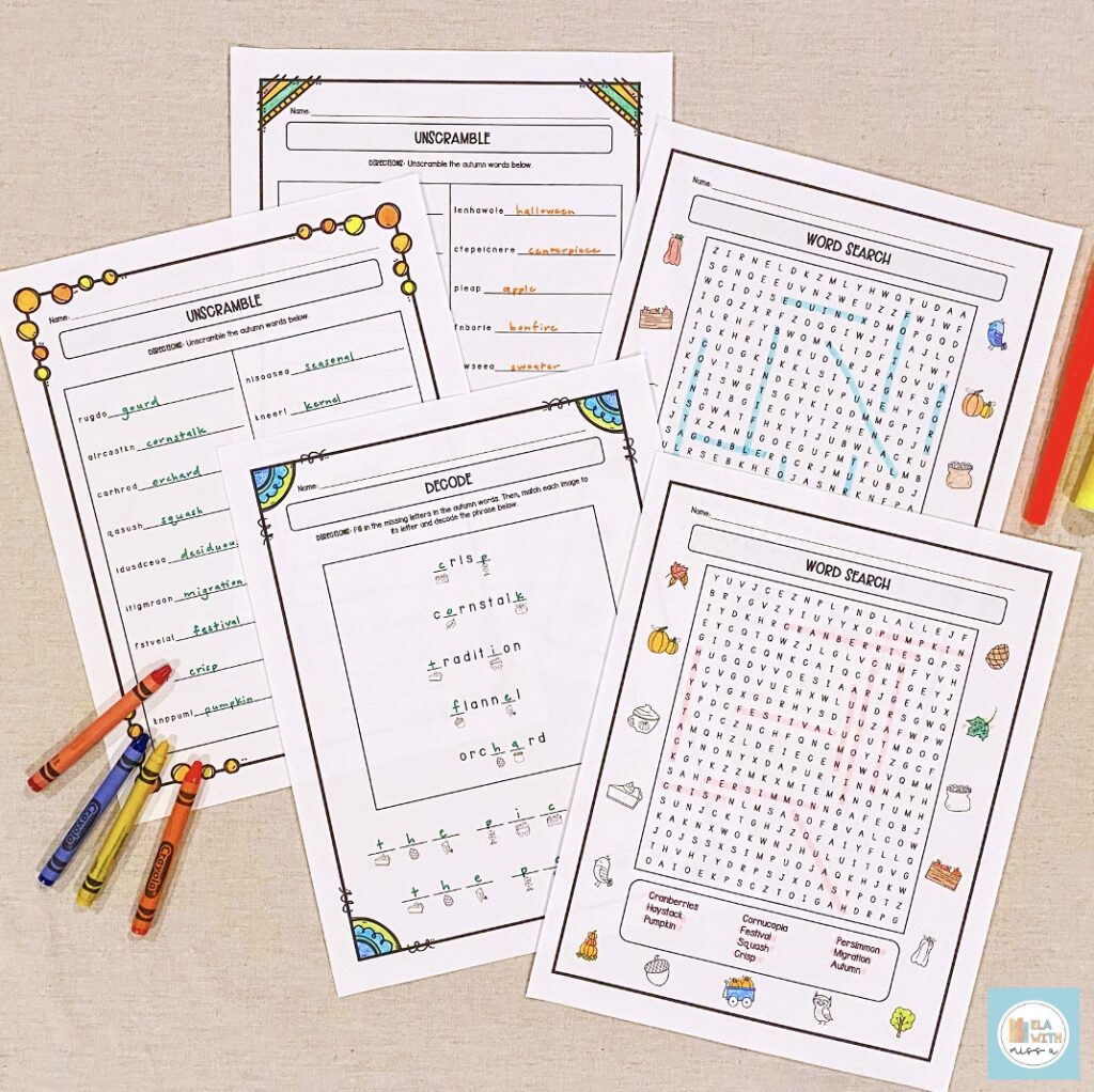 Fall Activities for Middle School ELA | Printable No Prep Fall Vocab ...