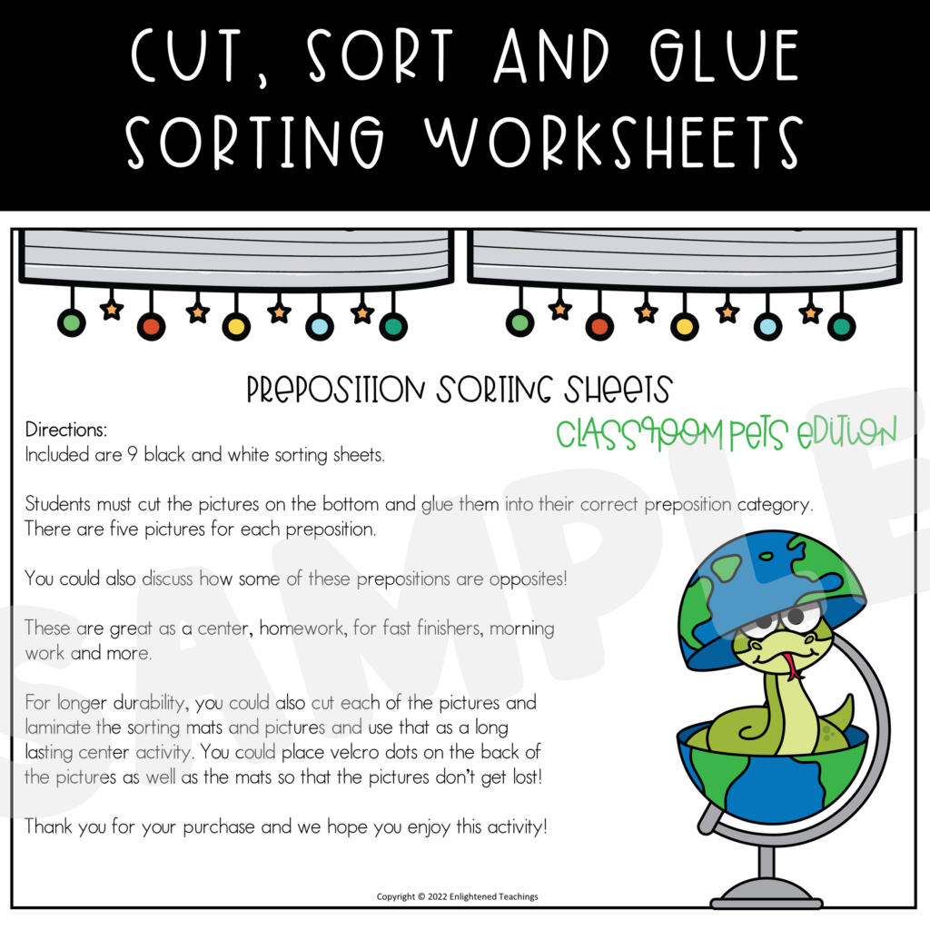 School Preposition Sort Worksheets Cut Glue Paste Sorting Positional ...