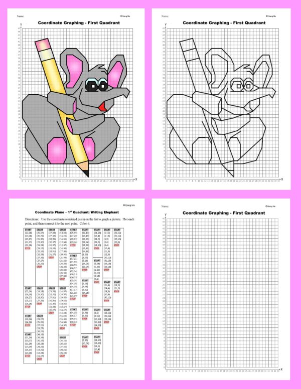 Back to School Coordinate Plane Graphing Picture: Writing Elephant ...