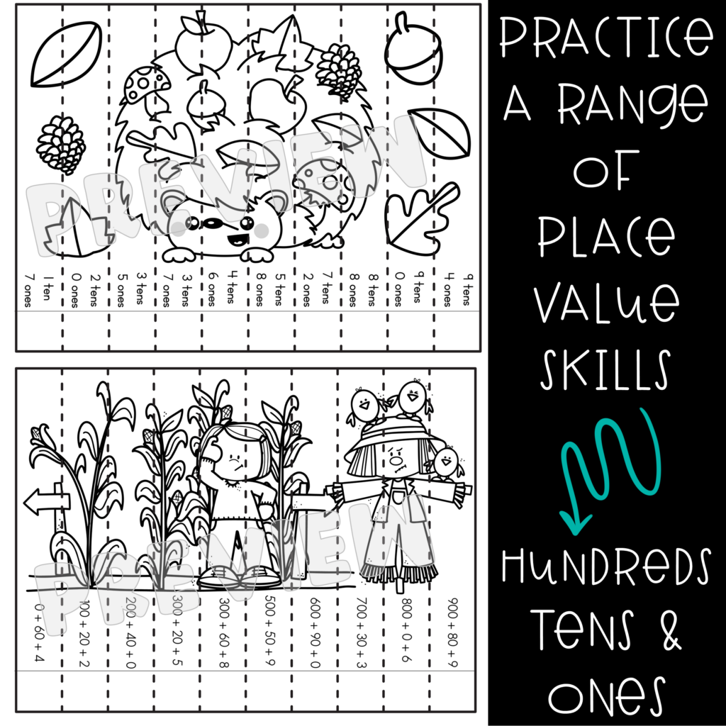 Place Value Worksheets Puzzles, Hundreds Tens and Ones Puzzles - Fall ...