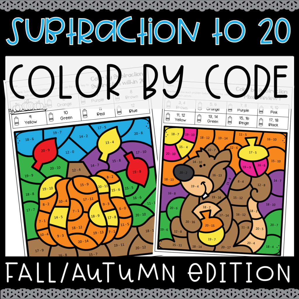 Autumn Fall Subtraction to 20 Color by Code Number NO PREP Coloring ...