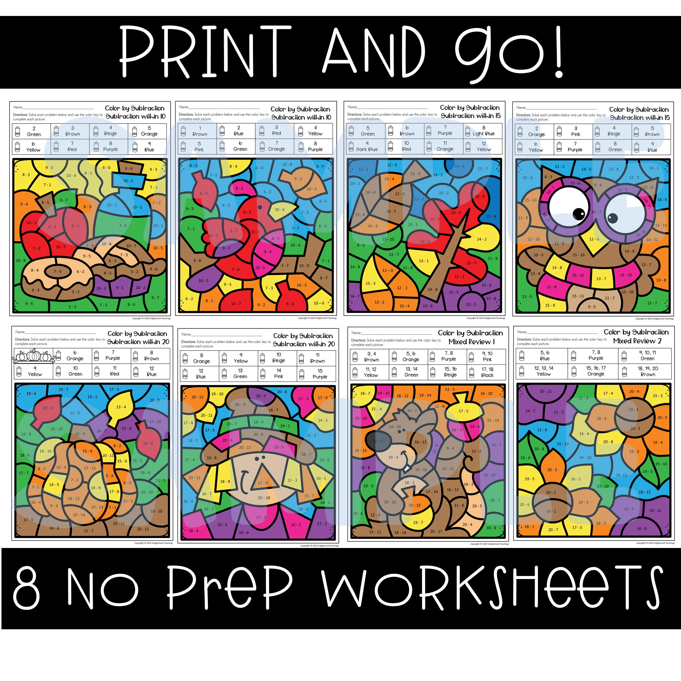 Autumn Fall Subtraction to 20 Color by Code Number NO PREP Coloring ...