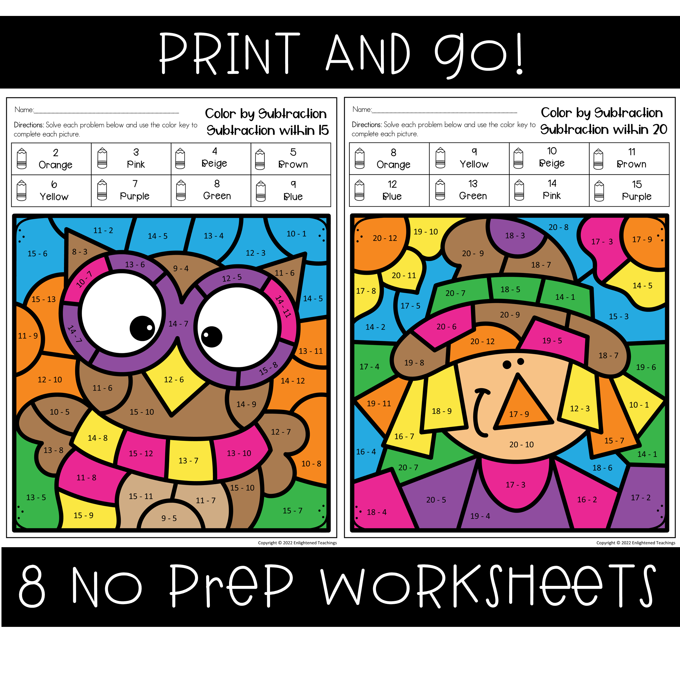 Autumn Fall Subtraction to 20 Color by Code Number NO PREP Coloring ...