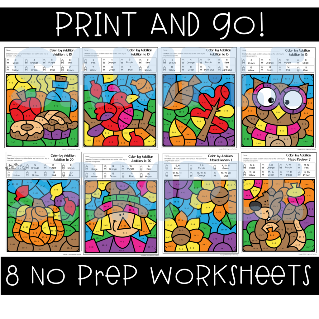 Autumn Fall Addition to 20 Color by Code Number NO PREP Coloring ...