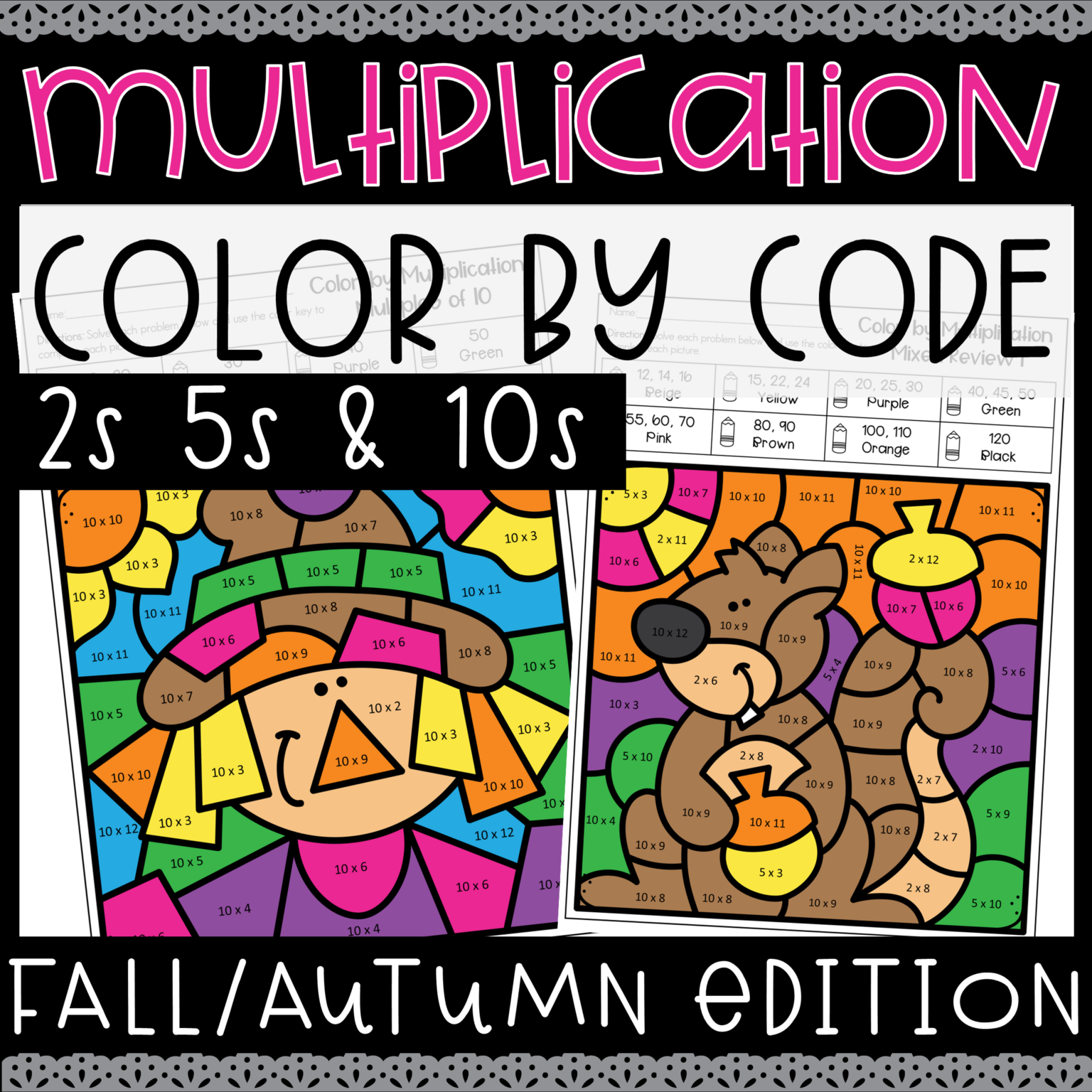 Fall Multiplication Color by Code Number NO PREP Coloring Worksheets ...