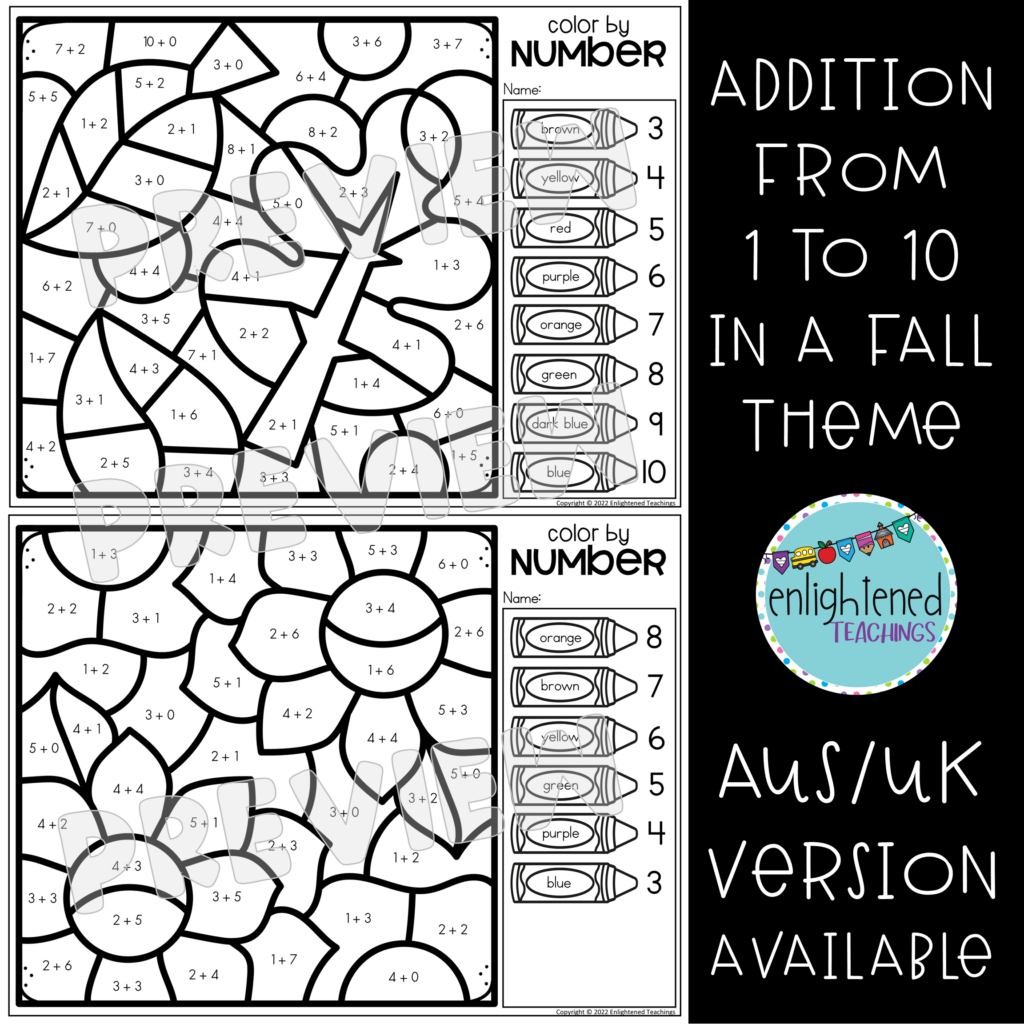 Autumn Fall Addition to 10 Color by Code Number NO PREP Coloring ...
