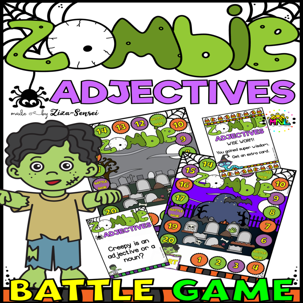 ELA Language Arts Grammar Halloween Zombie Adjectives Battle Task Cards ...