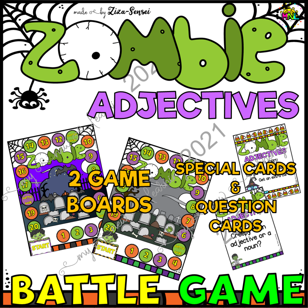 ELA Language Arts Grammar Halloween Zombie Adjectives Battle Task Cards ...
