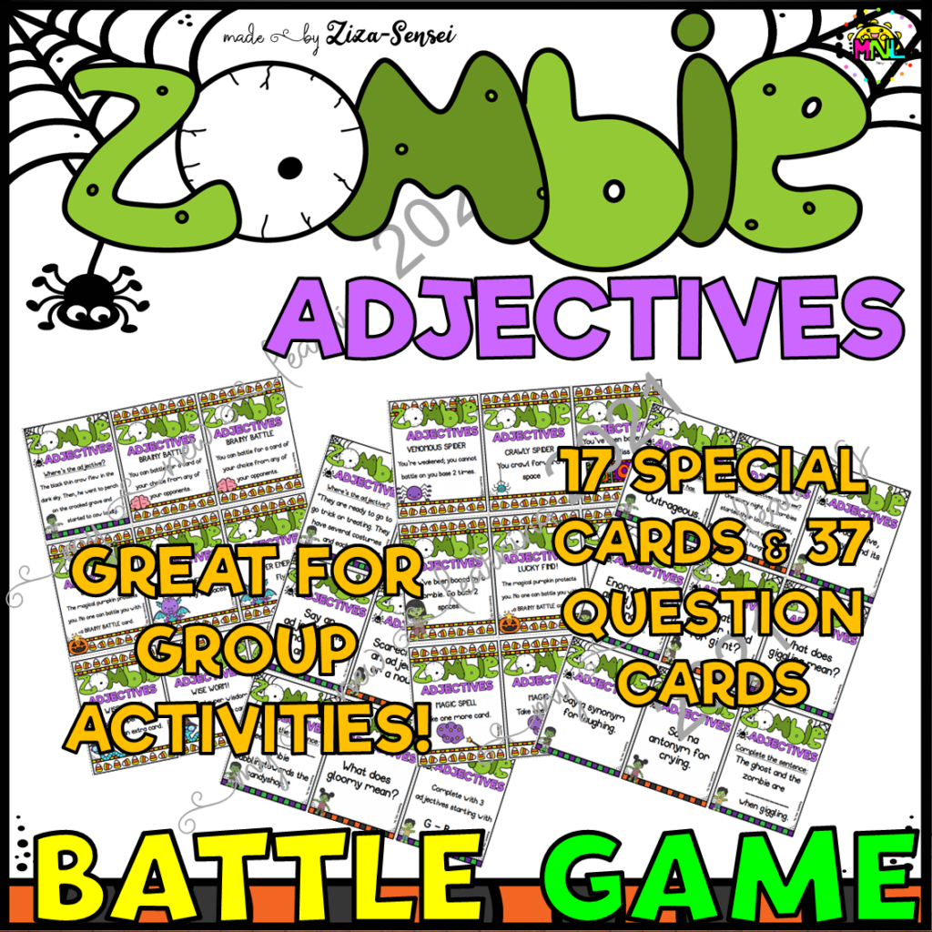 ELA Language Arts Grammar Halloween Zombie Adjectives Battle Task Cards ...