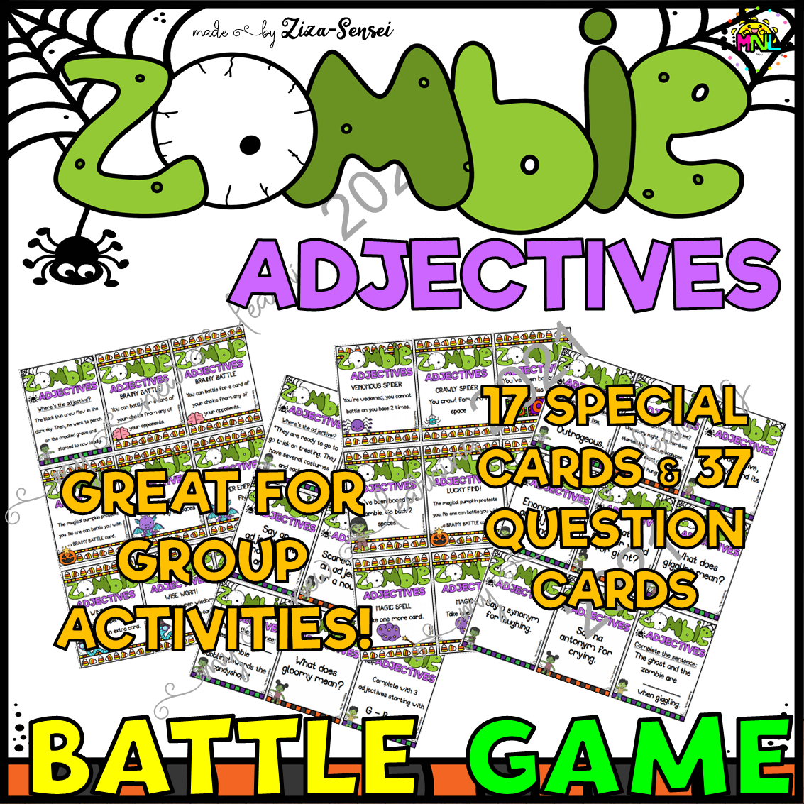 ELA Language Arts Grammar Halloween Zombie Adjectives Battle Task Cards ...