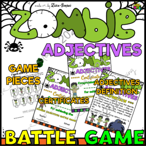 ELA Language Arts Grammar Halloween Zombie Adjectives Battle Task Cards ...