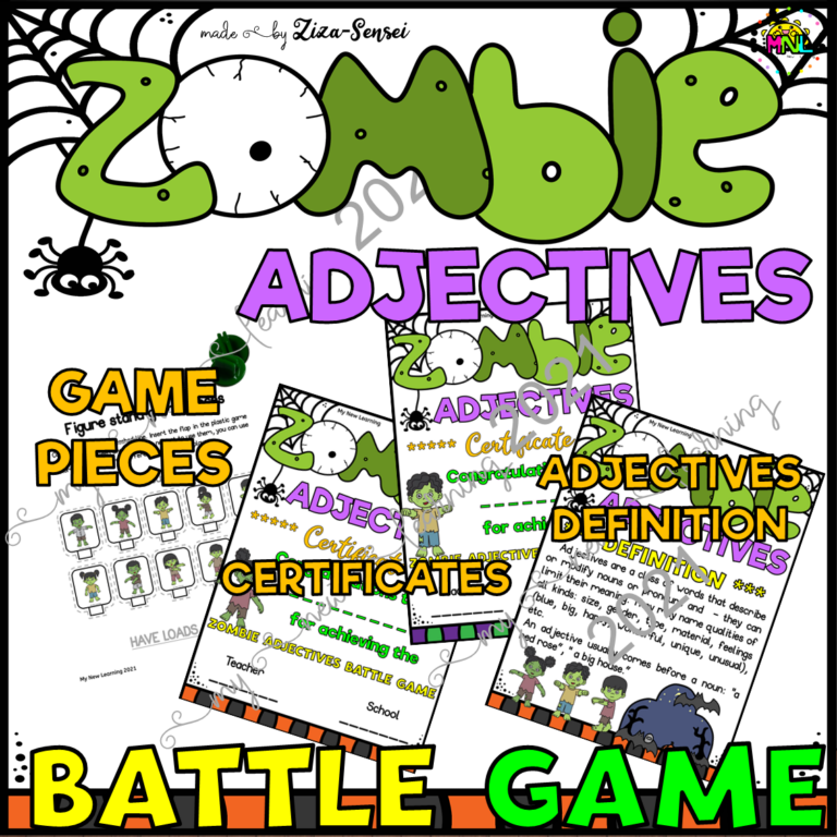 ELA Language Arts Grammar Halloween Zombie Adjectives Battle Task Cards ...