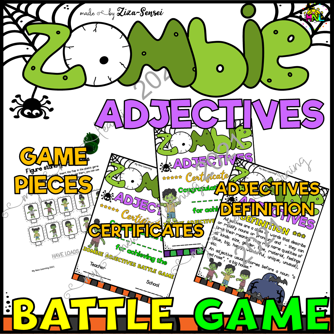 ELA Language Arts Grammar Halloween Zombie Adjectives Battle Task Cards ...