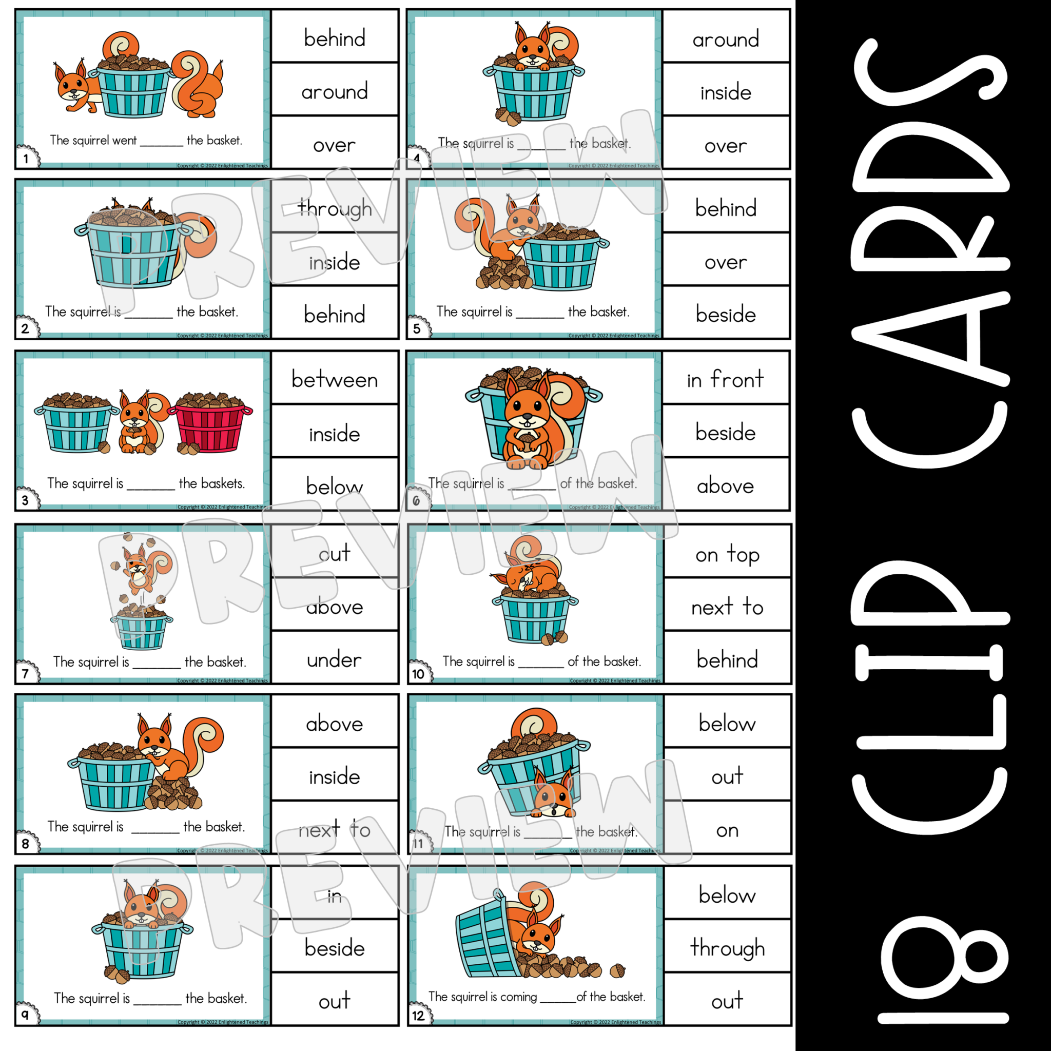 Fall Preposition Clip Cards Task Cards Positional Words Squirrels ...