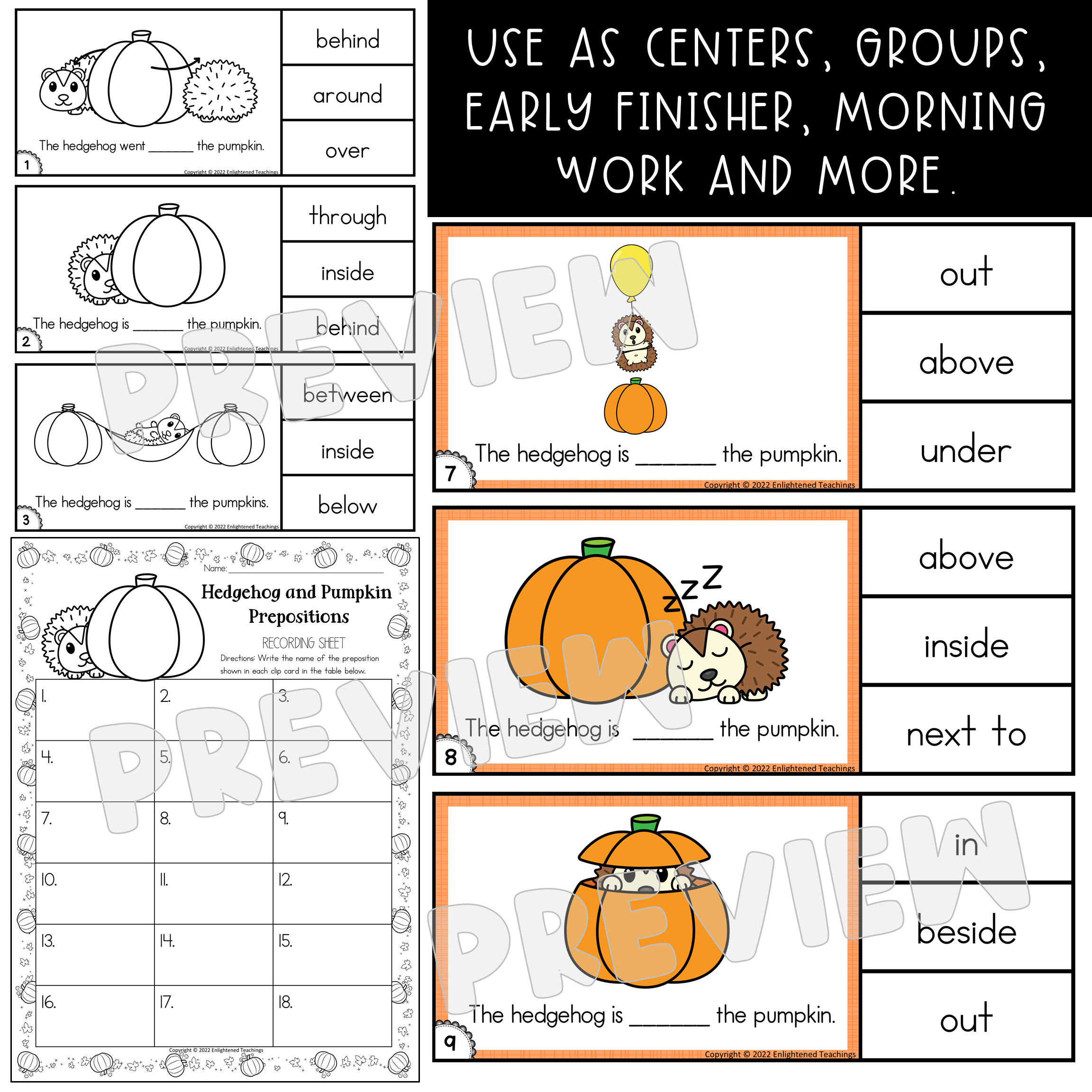 Fall Preposition Clip Cards Task Cards Positional Words Hedgehog ...