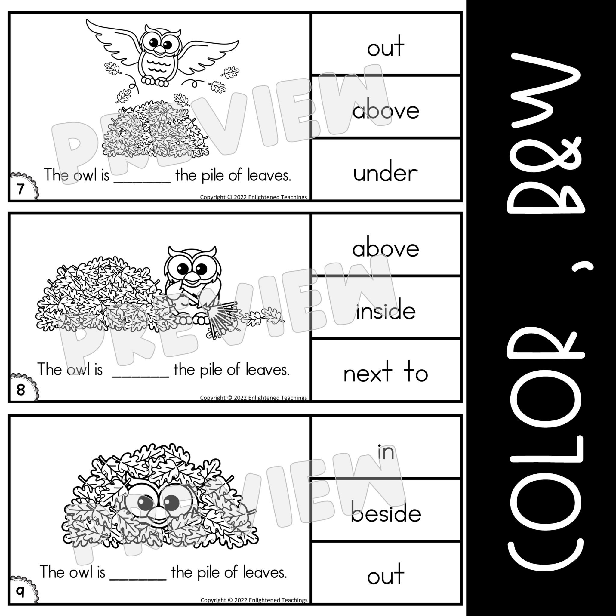 Fall Preposition Clip Cards Task Cards Positional Words Owl Leaves ...