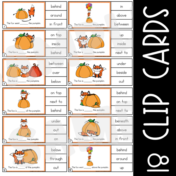 Fall Preposition Clip Cards Task Cards Positional Words Fox Pumpkin ...