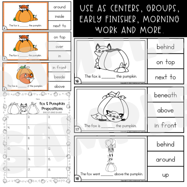 Fall Preposition Clip Cards Task Cards Positional Words Fox Pumpkin ...