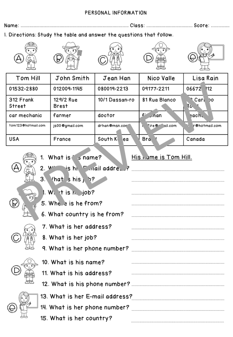 All About Personal Information No-Prep Worksheets | Made By Teachers