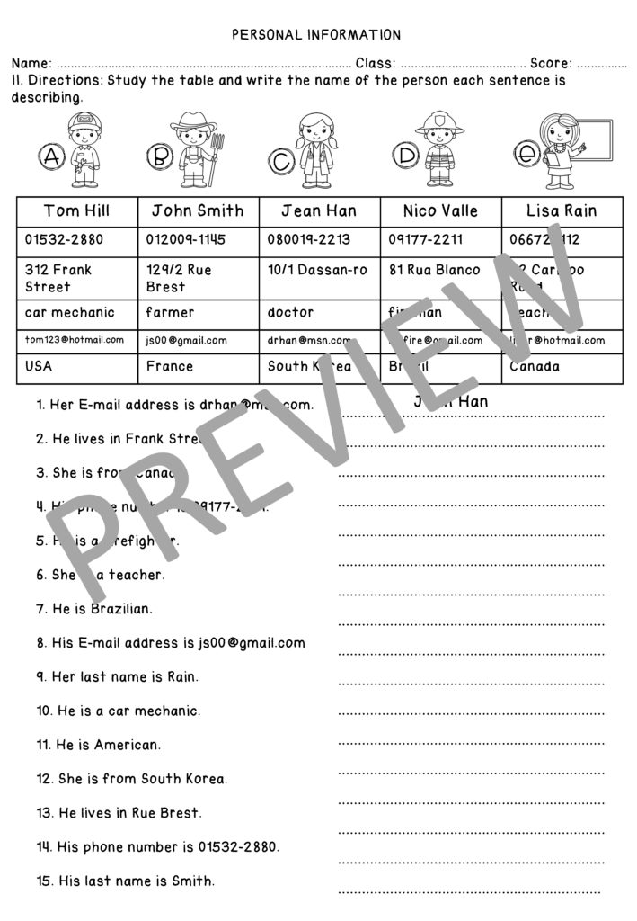 All About Personal Information No-Prep Worksheets | Made By Teachers