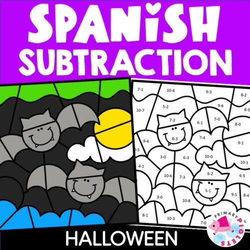 Spanish Color by Number Subtraction Halloween | Made By Teachers