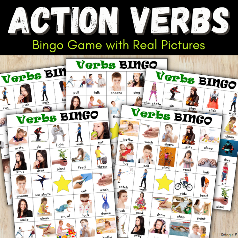 Action Verbs Bingo Game with Real Pictures - Made By Teachers