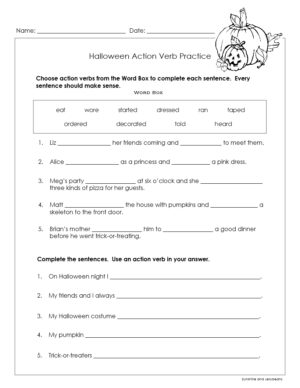 Action Verbs Practice - 3 Halloween themed Worksheets - Grades 2-3 ...