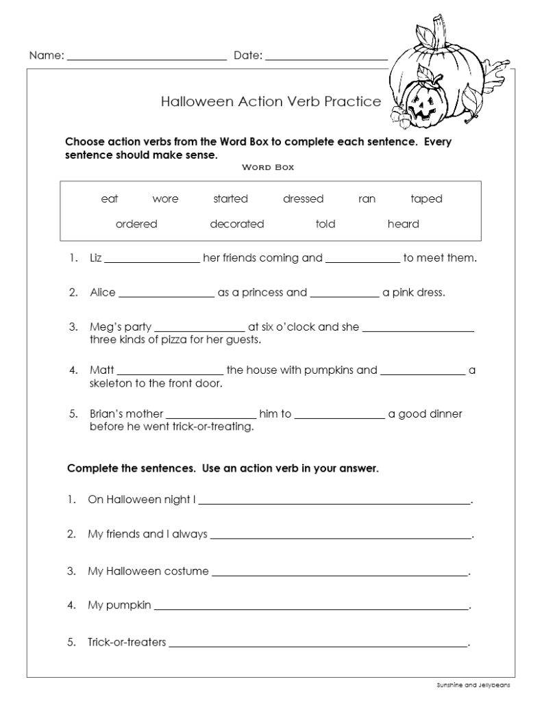 Action Verbs Practice - 3 Halloween themed Worksheets - Grades 2-3 ...