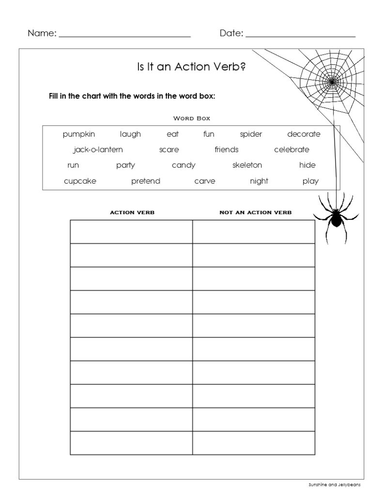 Action Verbs Practice - 3 Halloween themed Worksheets - Grades 2-3 ...