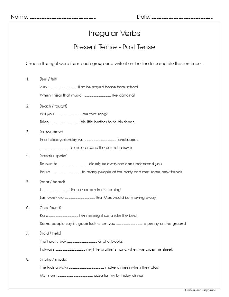 Irregular Verbs - Present & Past Tenses - 4 worksheets - Grades 2-3 ...