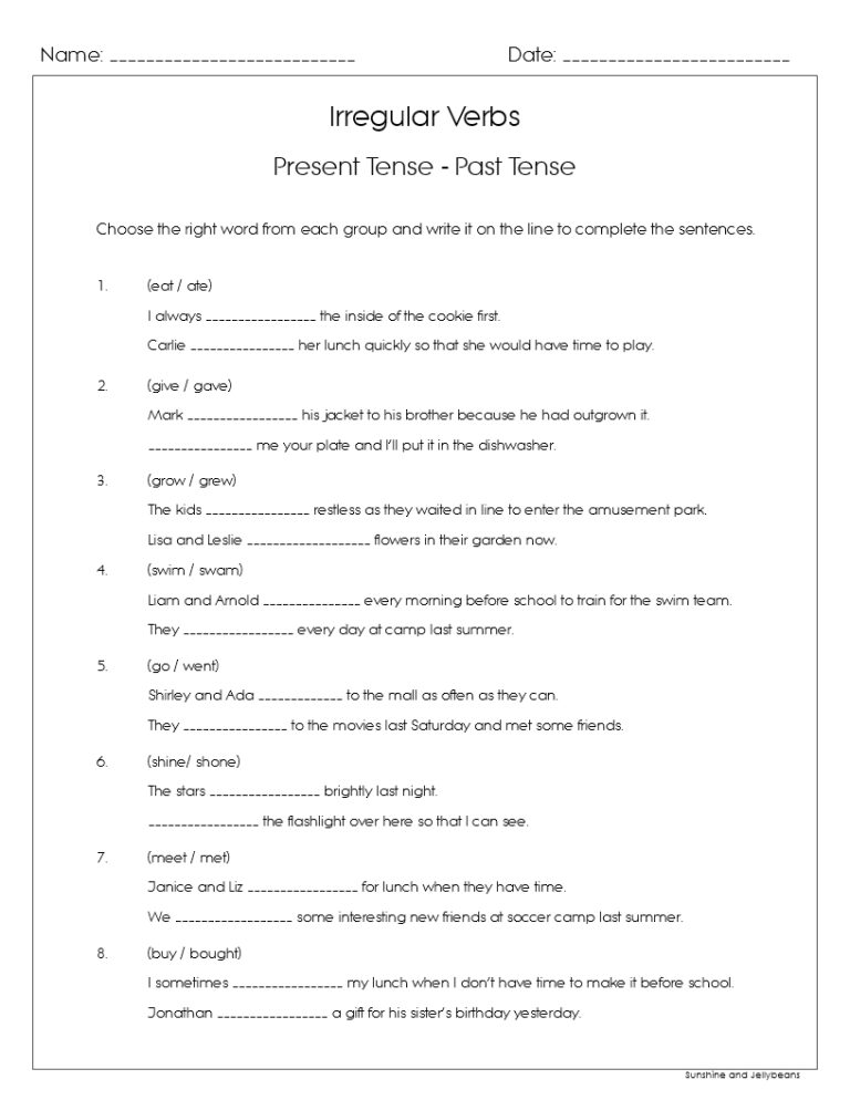 Irregular Verbs - Present & Past Tenses - 4 worksheets - Grades 2-3 ...