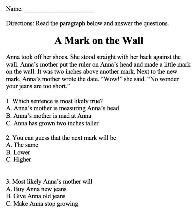 Reading Comprehension Passages Short Stories Paragraphs Question ...