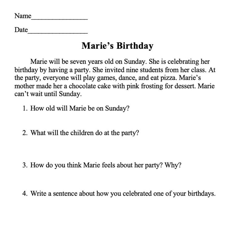 Reading Comprehension Passages Short Stories Paragraphs Question ...